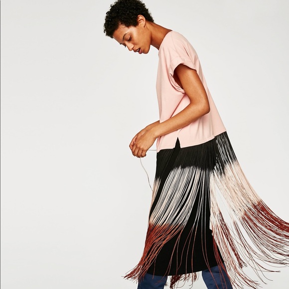 Zara | Tops | Zara Womens Ombre Pink Black Long Fringe Tshirt | Poshmark